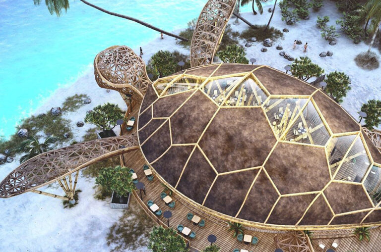 Projeto de restaurante beira-mar tem formato de tartaruga gigante